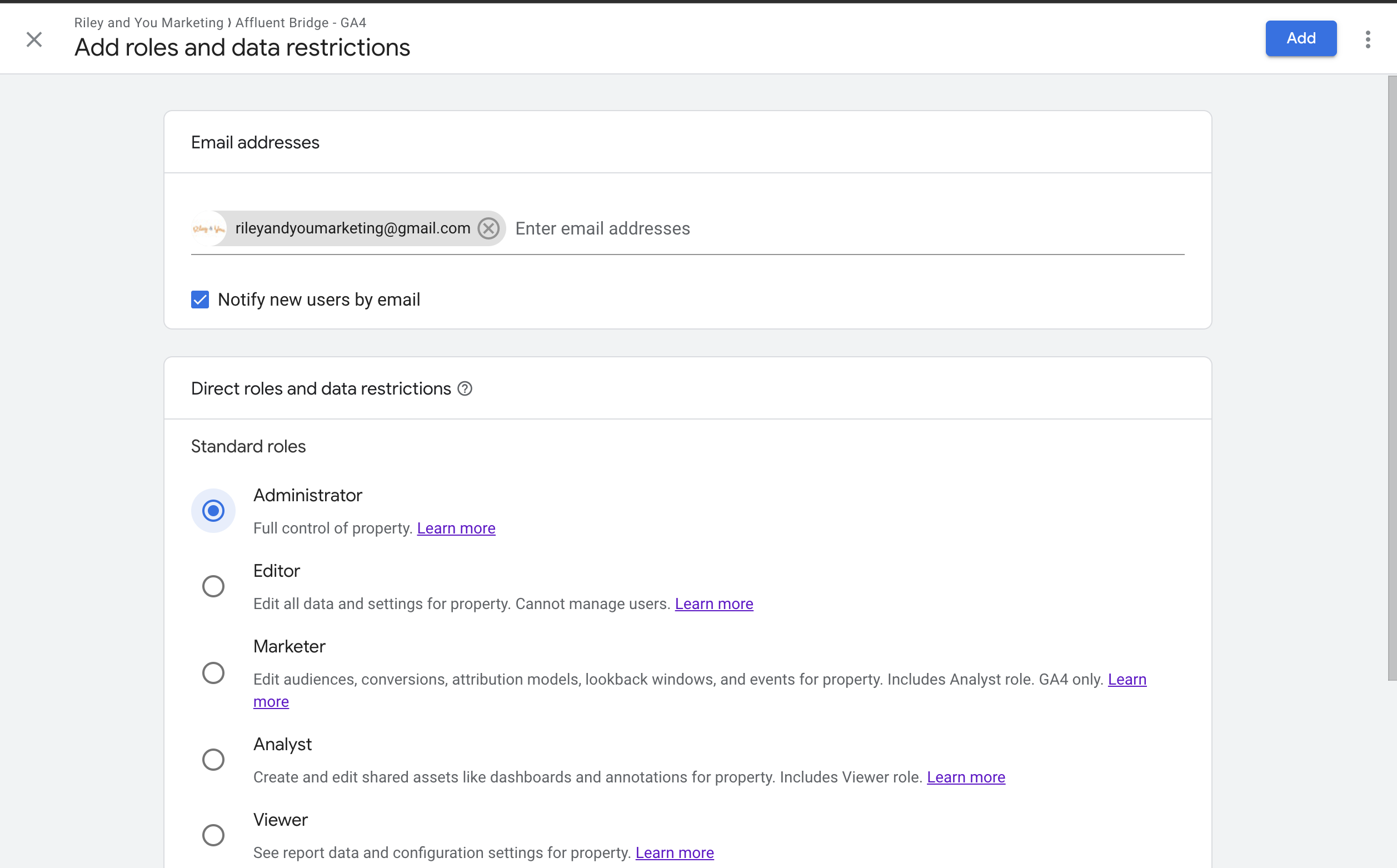 Grant ADMIN Access to a Google Analytics Account | AffluentBridge™ Client Portal
